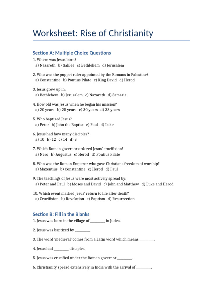 Rise of Christianity Worksheet | PDF | Jesus | Ministry Of Jesus