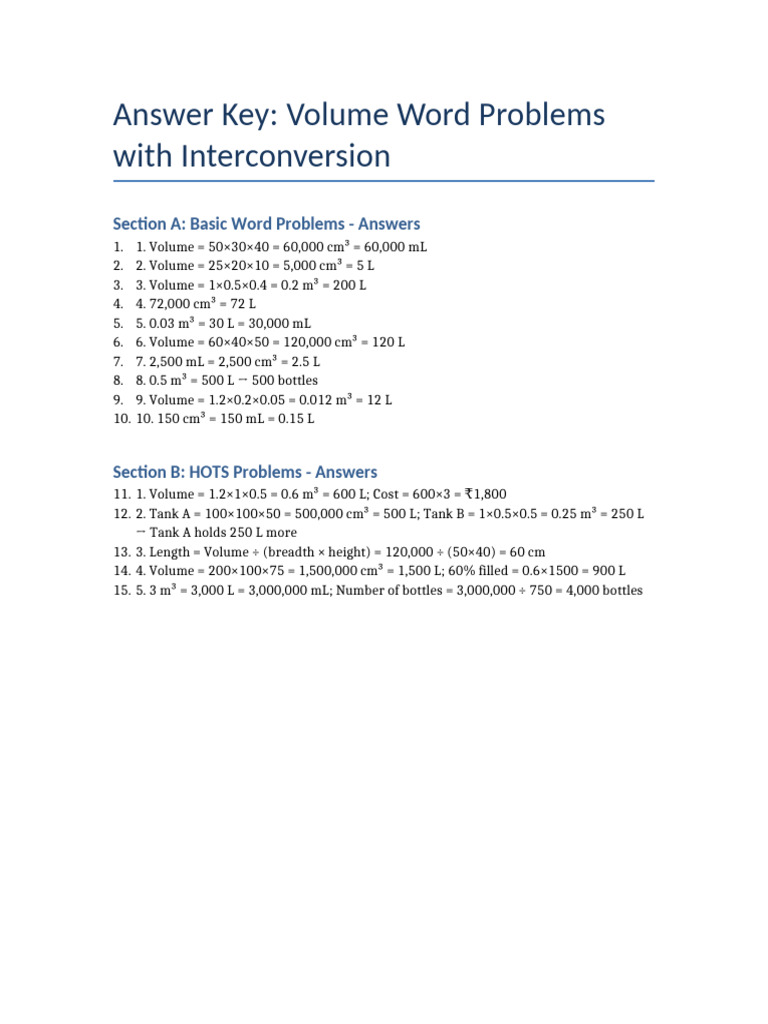 Volume Word Problems With HOTS Answers | PDF