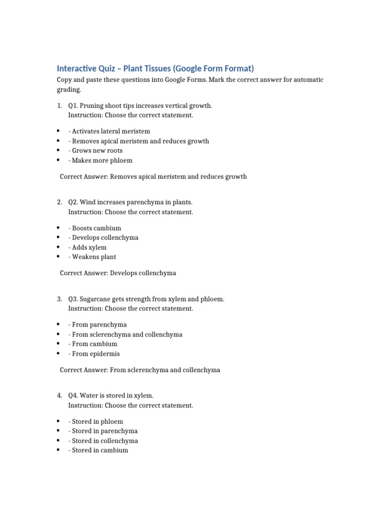 Plant Tissues Interactive Quiz Google Form Format | PDF | Tissue ...