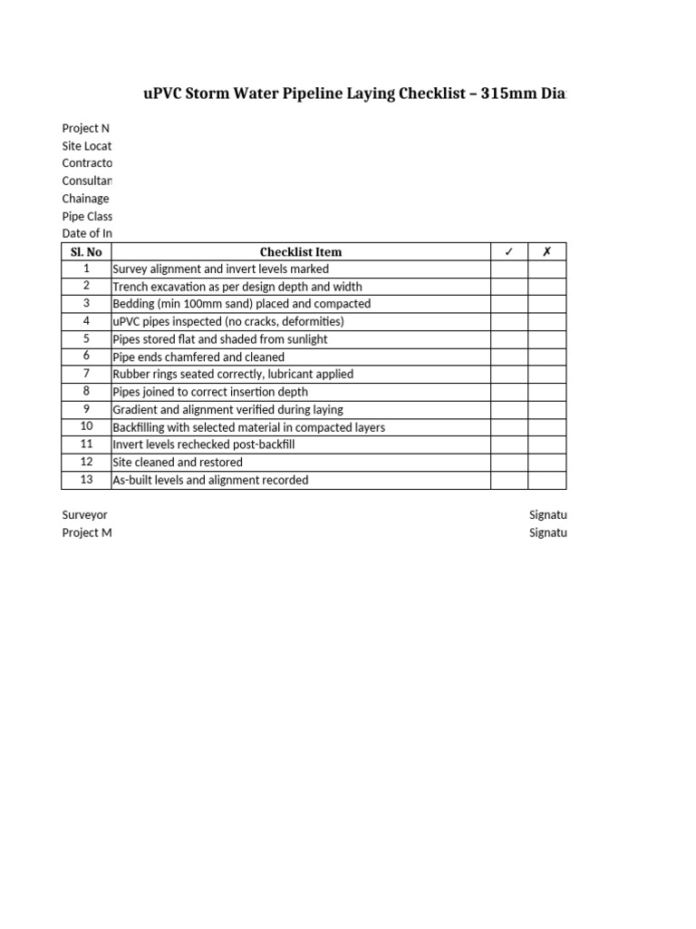 UPVC 315mm Pipeline Checklist 1page | PDF