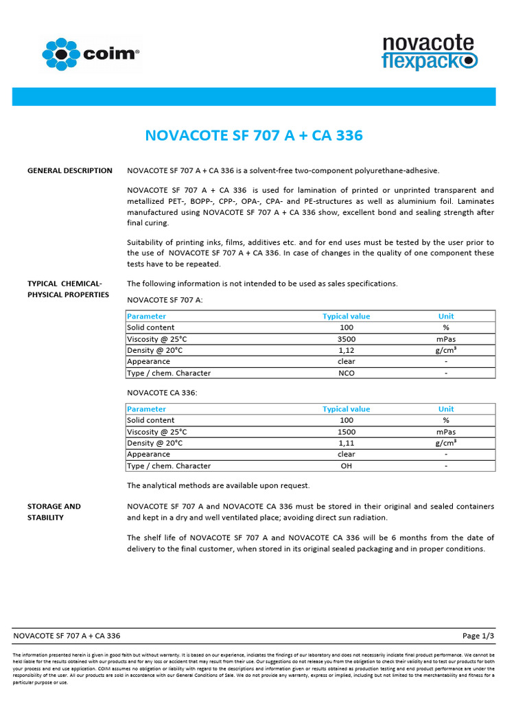 NOVACOTE SF 707 A + CA 336 Data Sheet | PDF | Materials