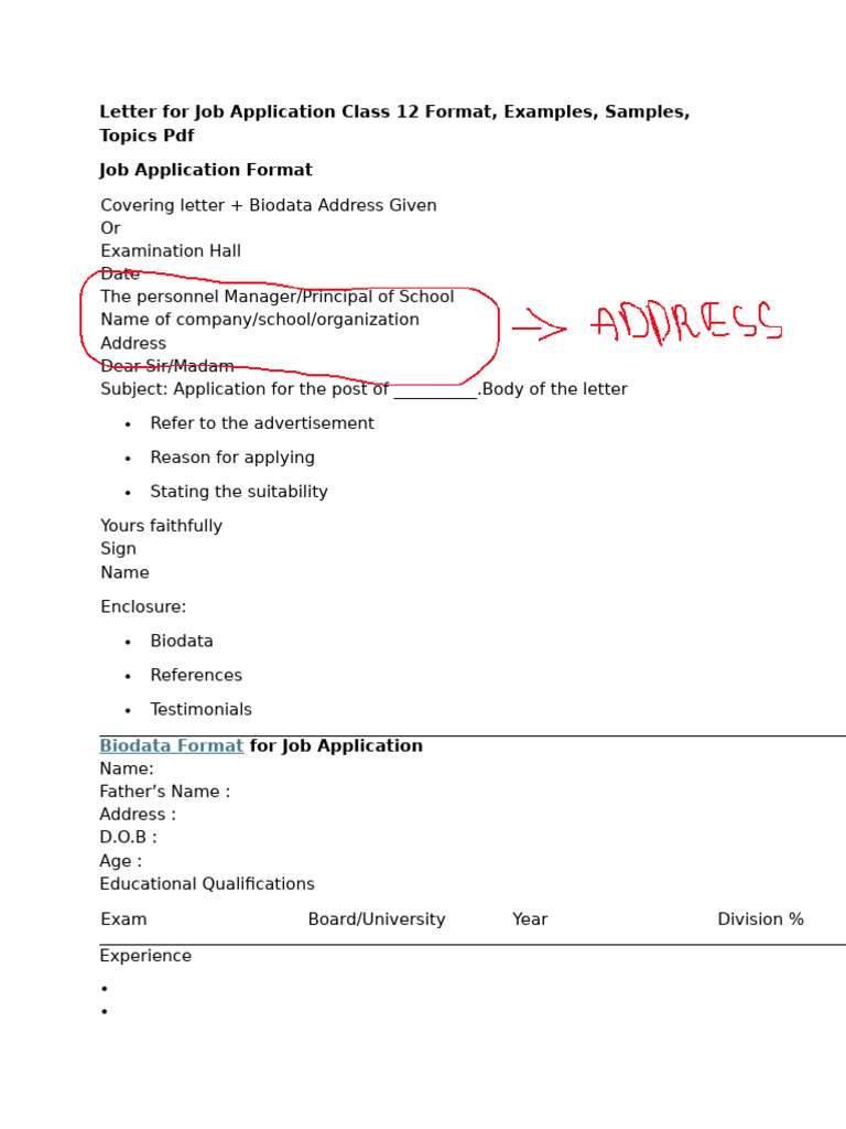 Letter For Job Application Class 12 Format | PDF