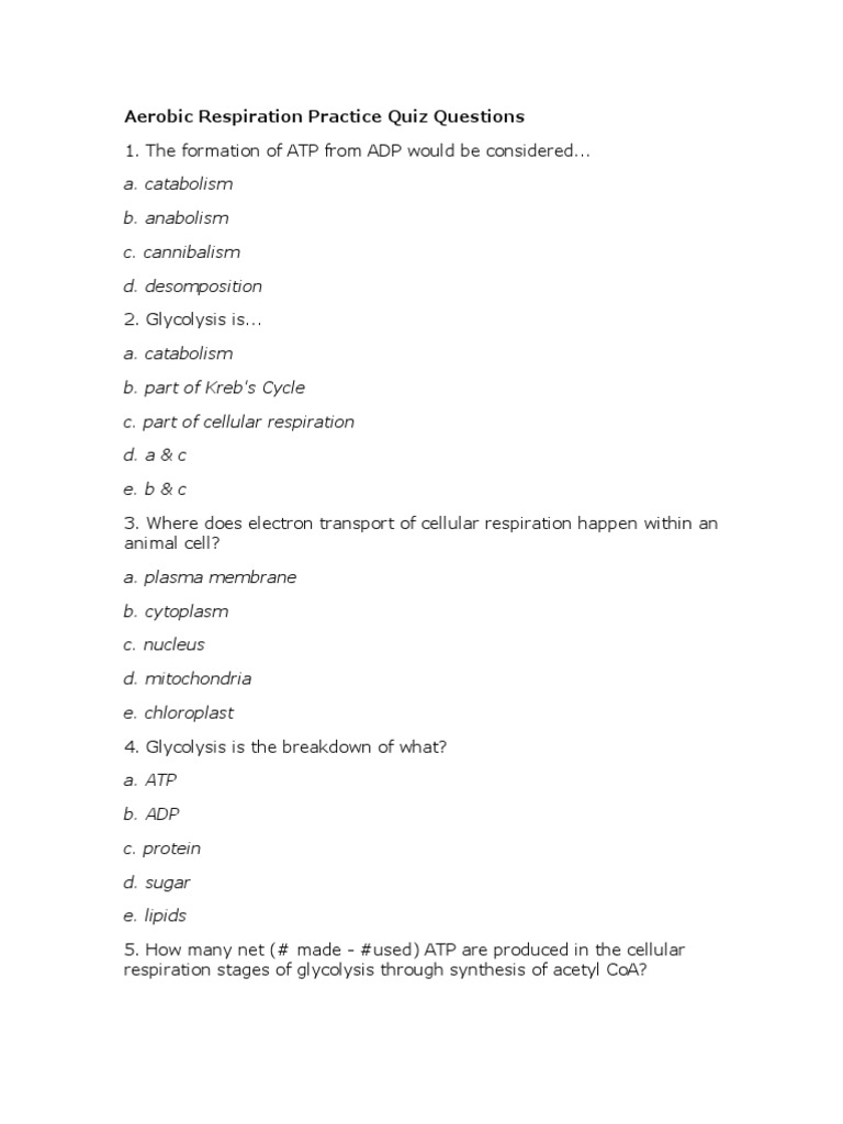Aerobic Respiration Practice Quiz Questions | PDF | Cellular ...