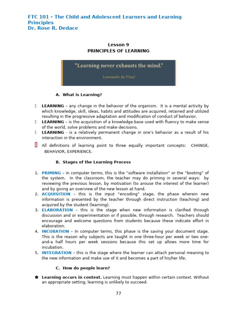 Lesson 9 - Principles of Learning | PDF | Learning | Motivational