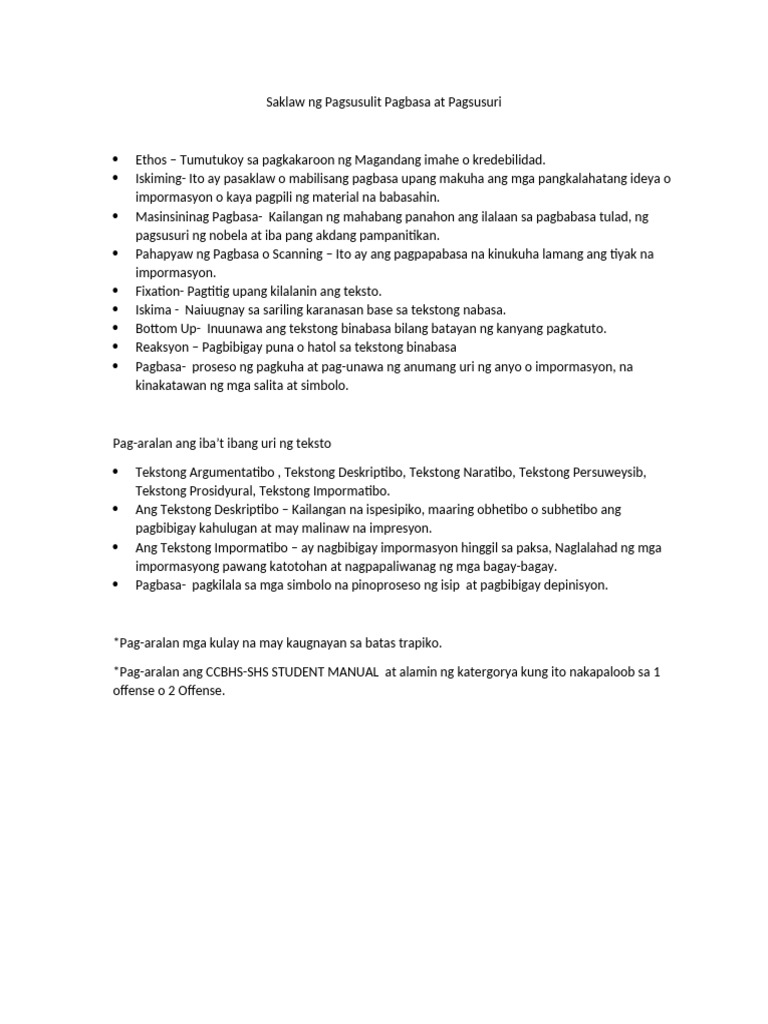 Saklaw NG Pagsusulit Pagbasa at Pagsusuri | PDF