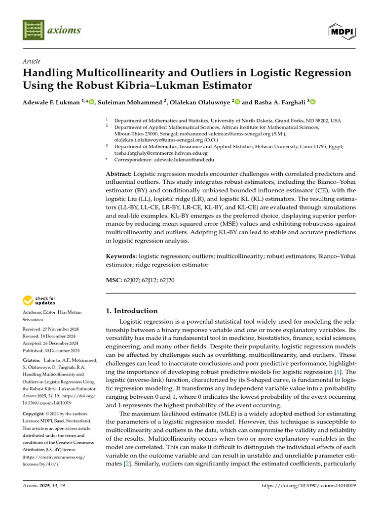 Handling Multicollinearity and Outliers in Logisti - Logistic Regression | PDF | Linear ...