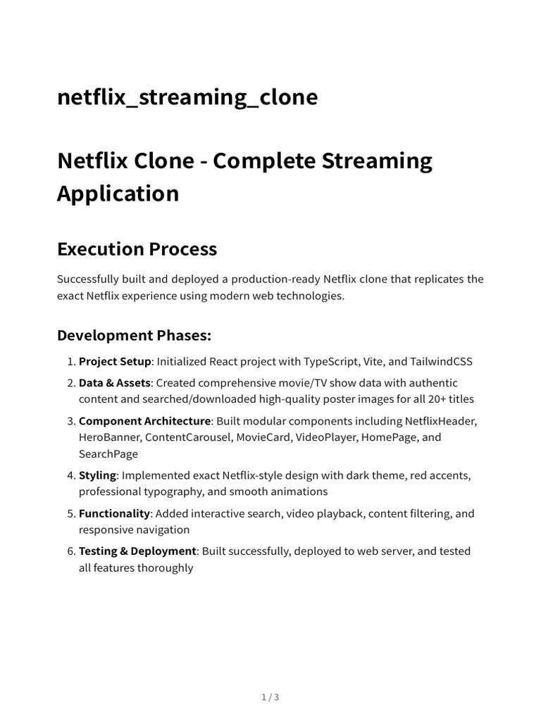 Sub Tasks Task Summary Netflix Streaming Clone | PDF | Streaming Media | Netflix
