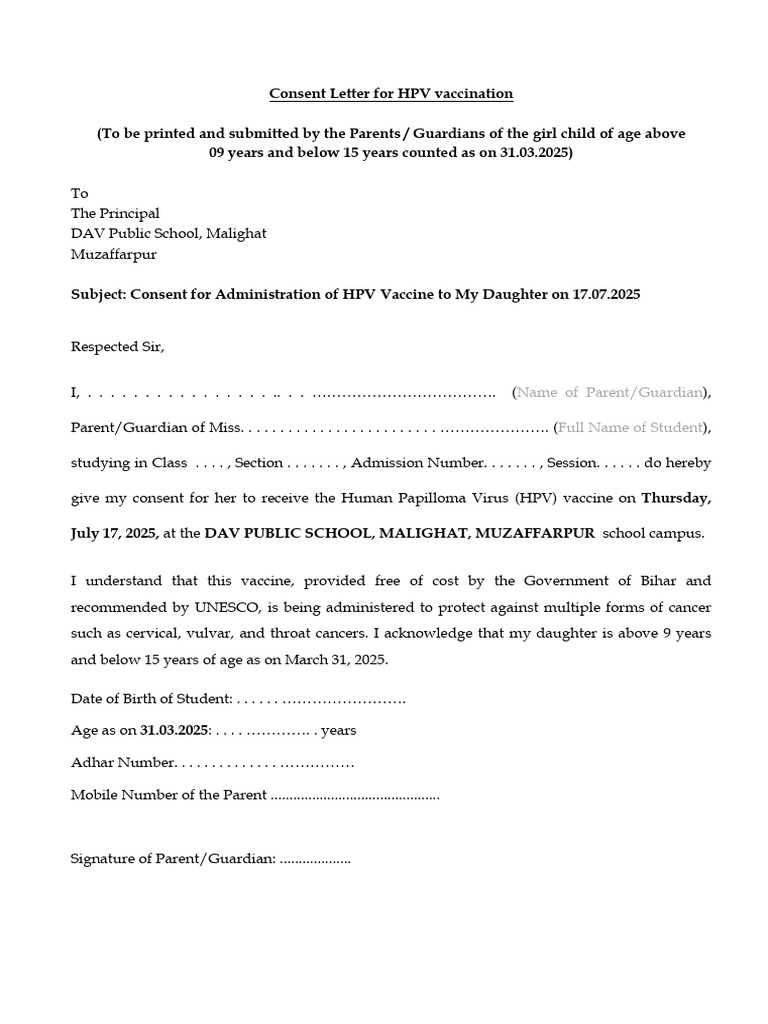 HPV Vaccine Consent Letter for School | PDF