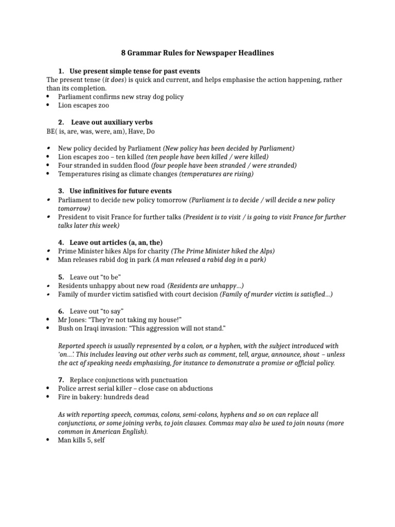 8 Grammar Rules For Newspaper Headlines | PDF