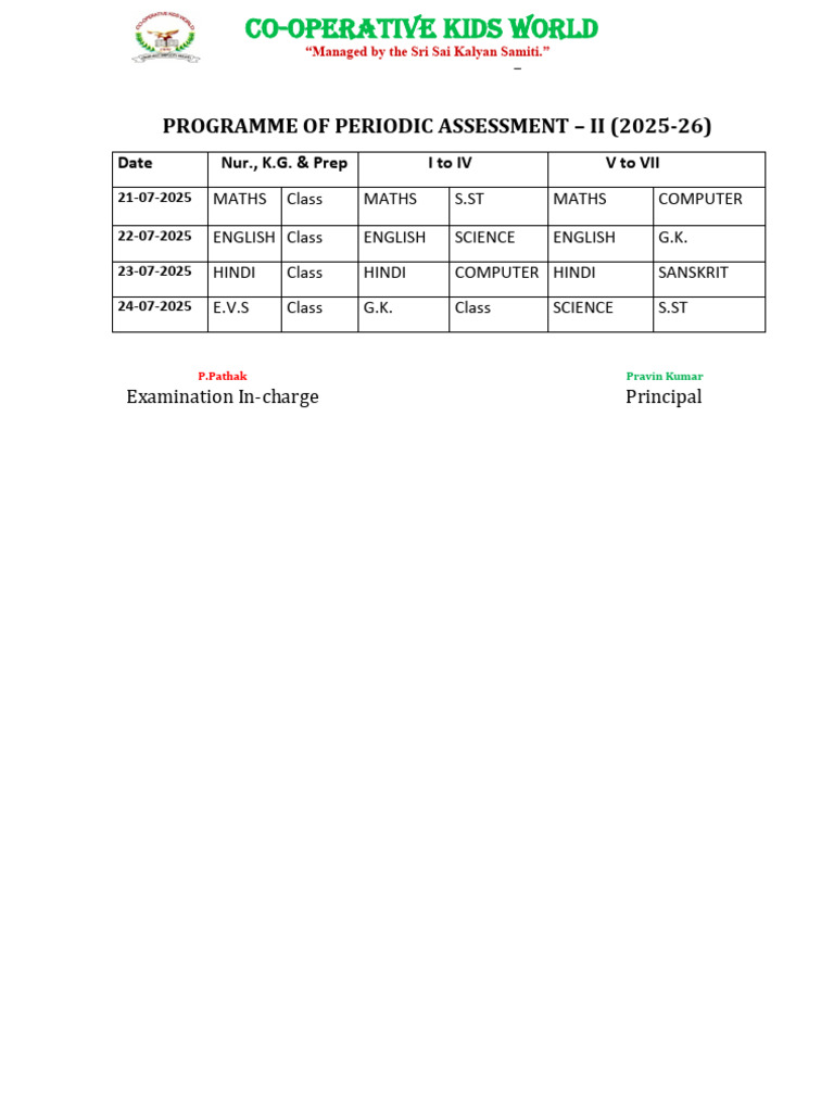Date Sheet of Periodic Assessment Ii (2025-26) | PDF