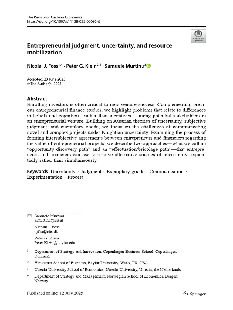 Entrepreneurial Judgment, Uncertainty, and Resource Mobilization | PDF ...