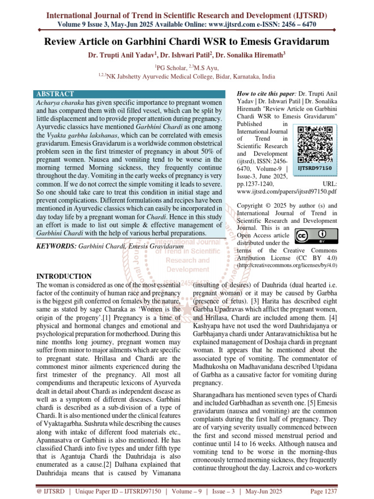 Review Article on Garbhini Chardi WSR to Emesis Gravidarum | PDF ...