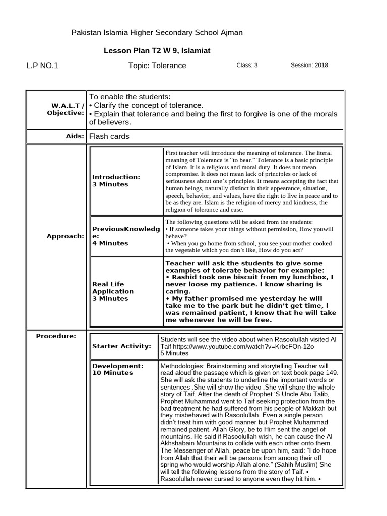 Tolerance Lesson Plan Grade 3 Term 2 (3) | PDF | Muhammad | Prayer