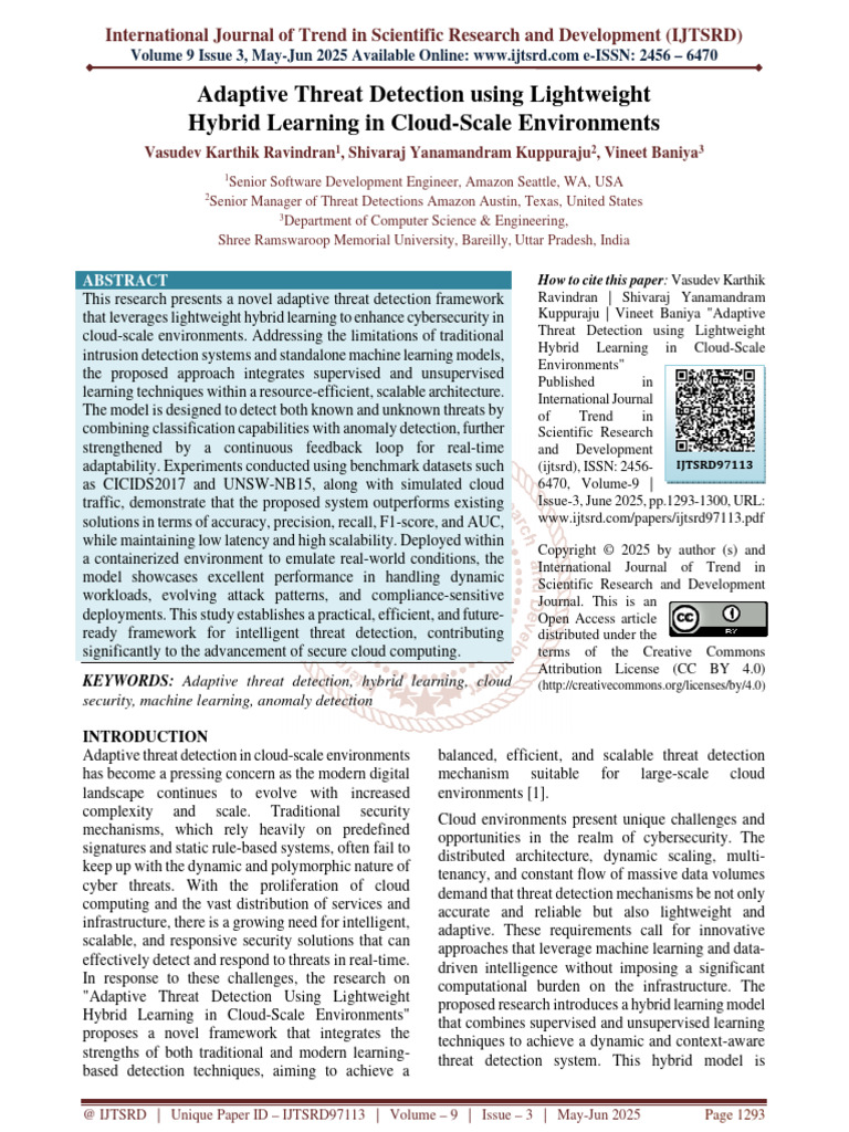 Adaptive Threat Detection Using Lightweight Hybrid Learning in Cloud Scale Environments | PDF ...