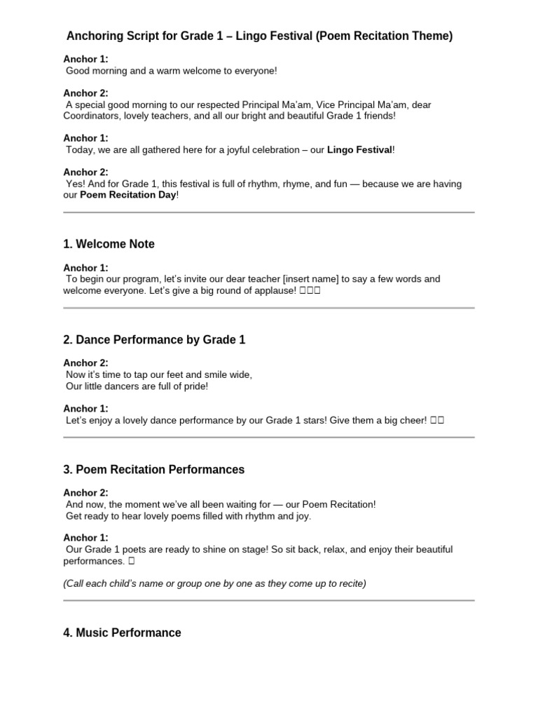Anchoring Script For Grade 1 and 2 - Lingo Festival | PDF | Poetry | Dances