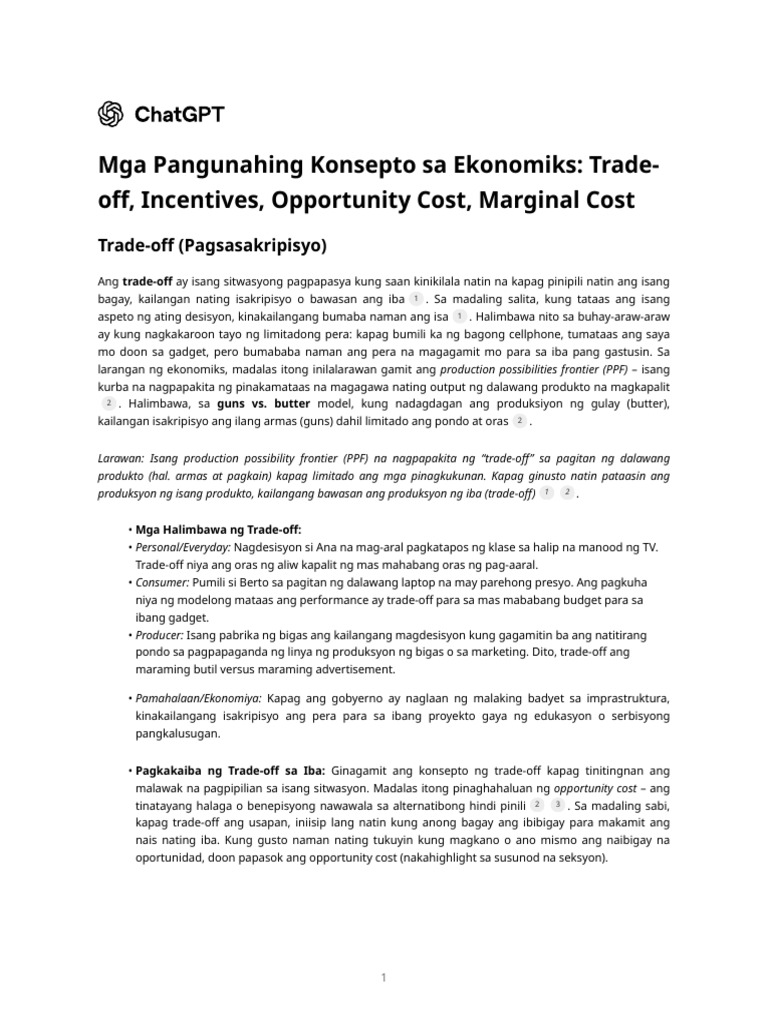 Mga Pangunahing Konsepto Sa Ekonomiks Trade Off Incentives Opportunity ...