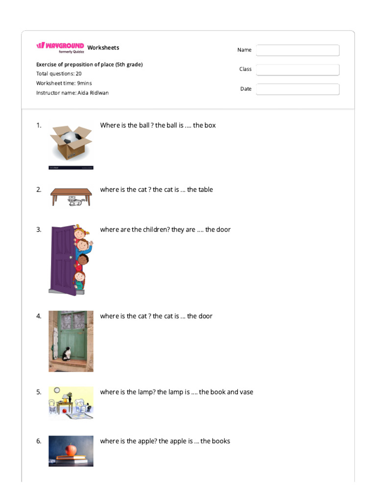 Grade 5 Prepositions Worksheet | PDF