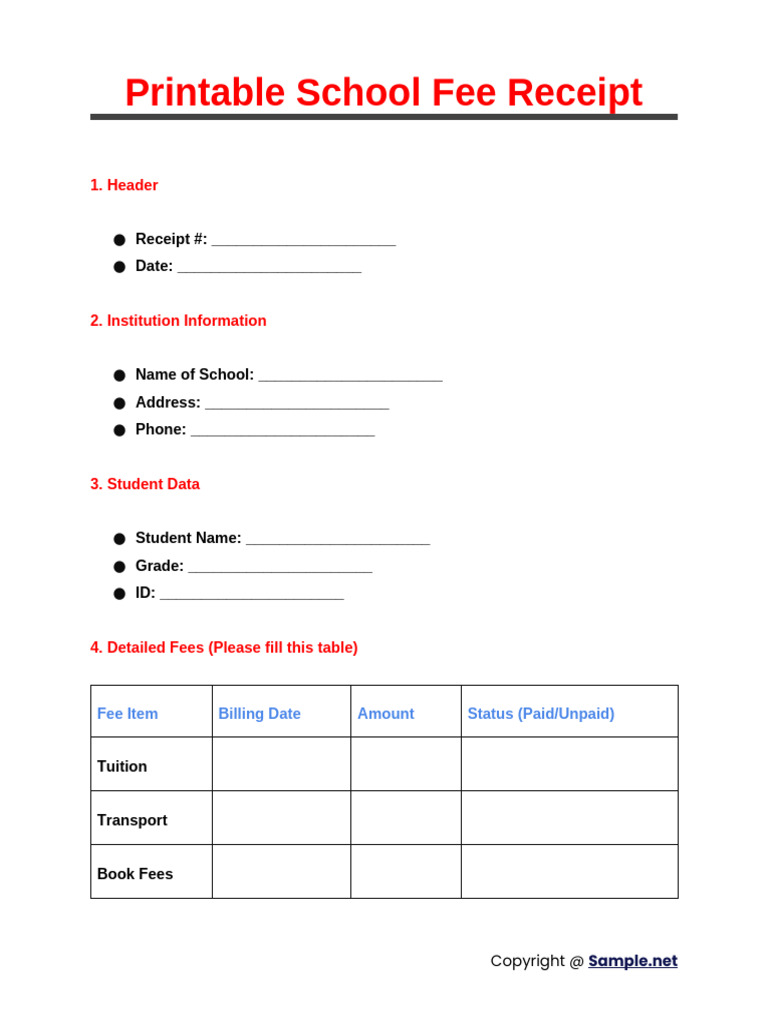 Printable School Fee Receipt | PDF