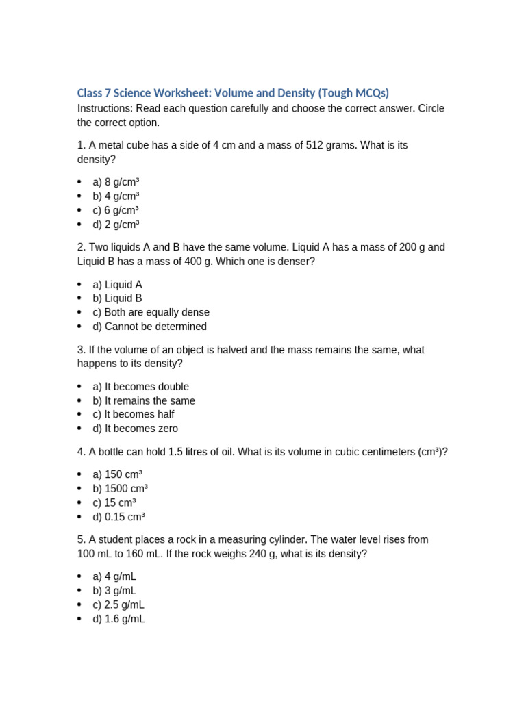Grade 7 Density and Volume Worksheet | PDF