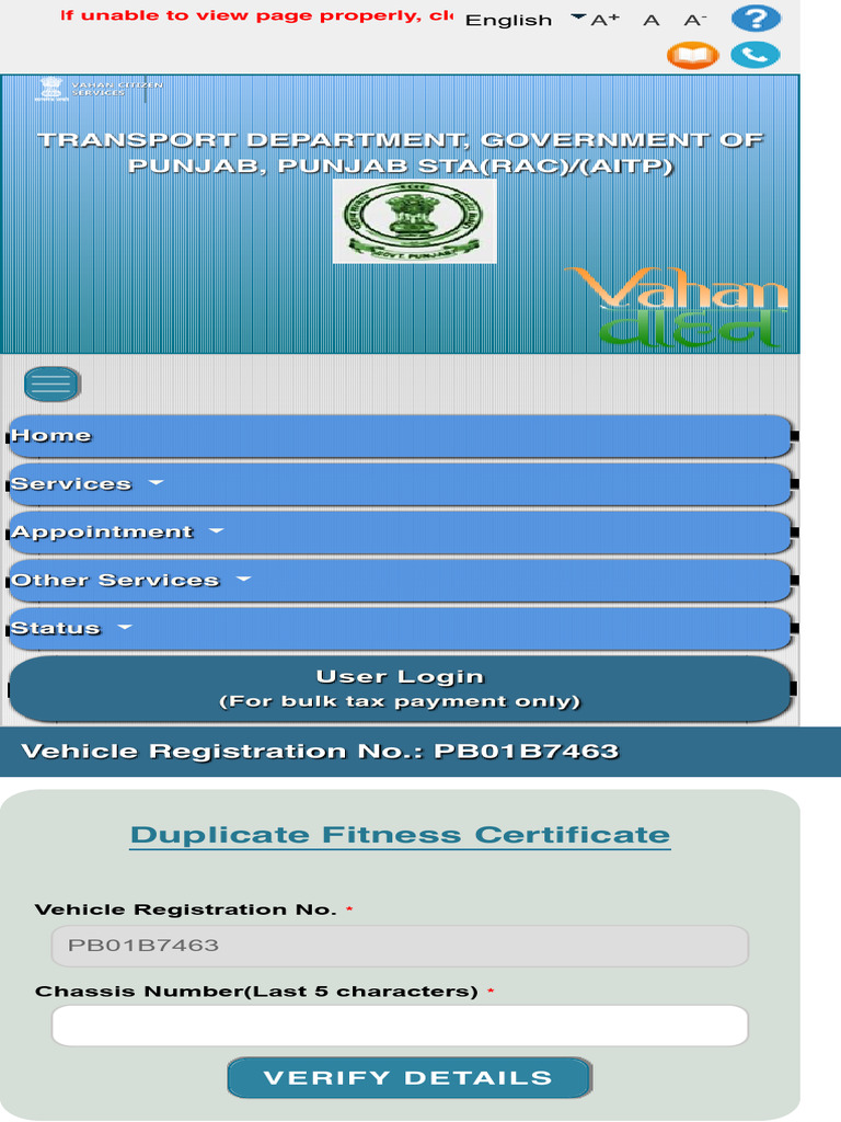 Vahan Citizen Login for Punjab Services | PDF