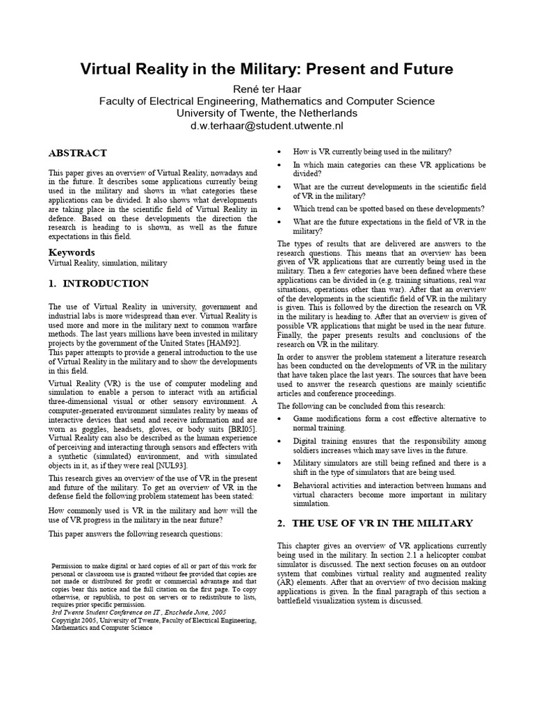 Military Applications of Virtual Reality | PDF | Virtual Reality ...