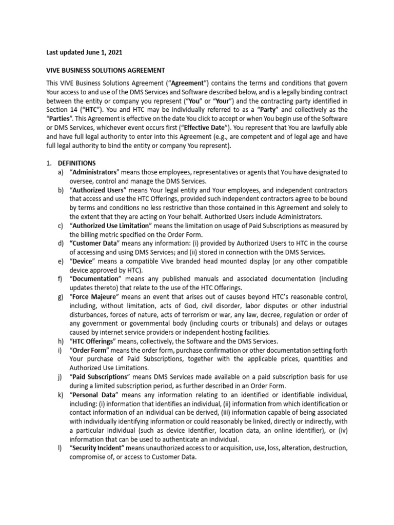 VIVE Business Solutions Agreement Overview | PDF | Arbitration | Non ...