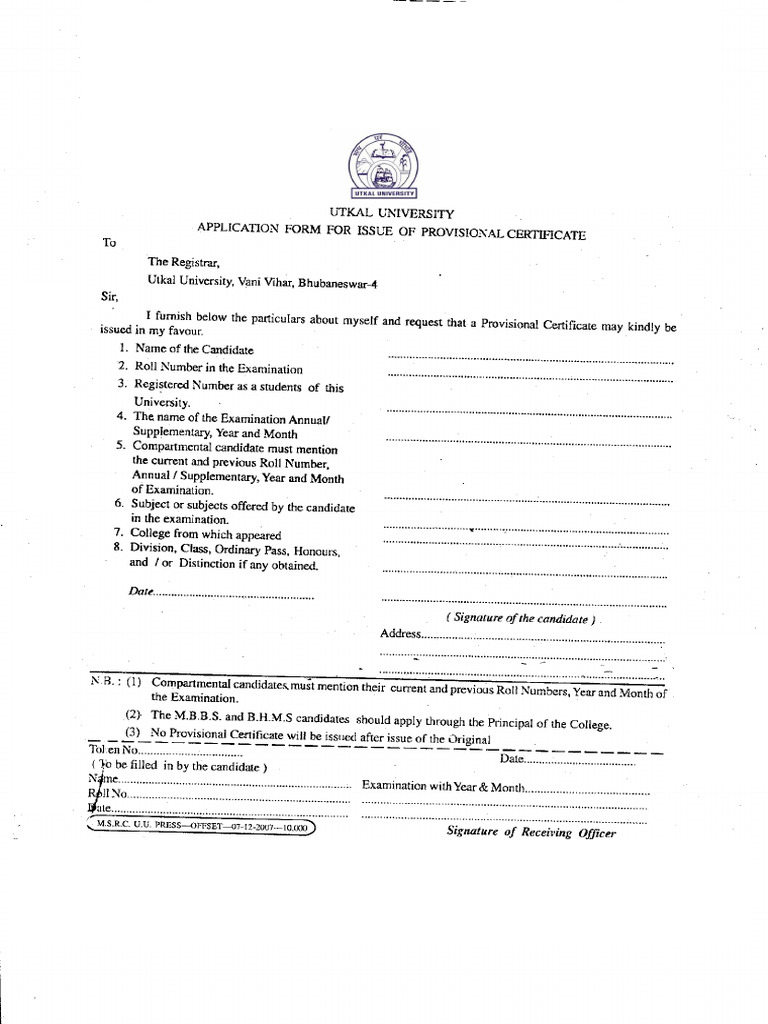 Application Form For Issue of Provisional Certificate | PDF