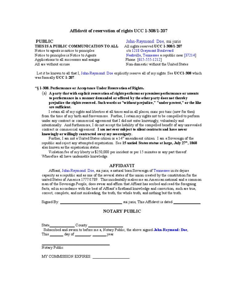 Affidavit of Reservation of Rights UCC 1 - Example | Affidavit | Notary ...