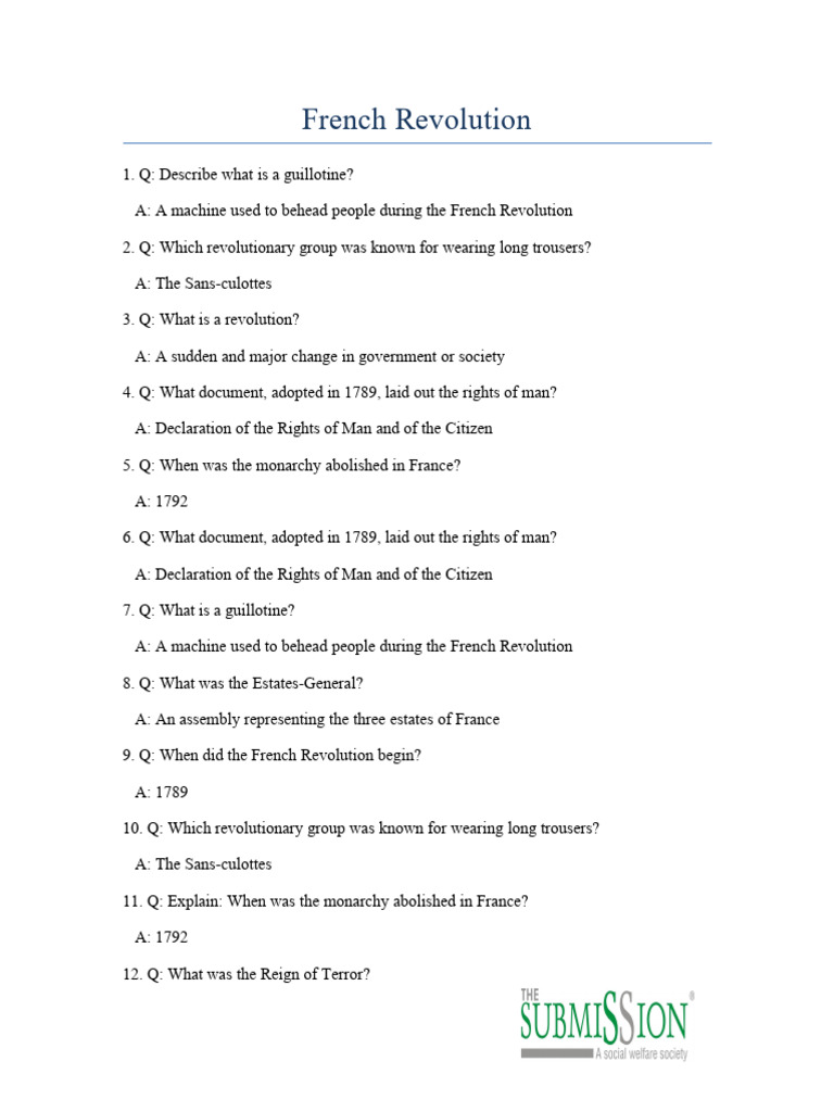 French Revolution 100 QA | PDF | French Revolution | Reign Of Terror