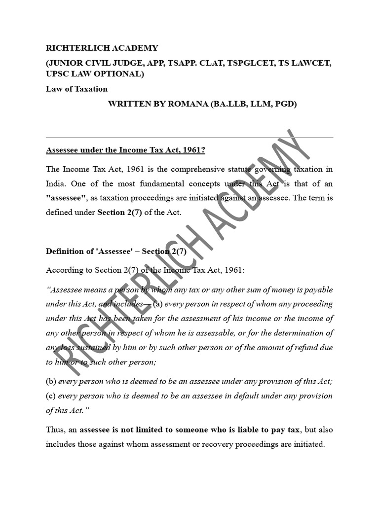 Understanding Assessee in Income Tax Act | PDF | Taxes | Capital Gain