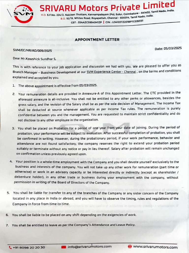 Kowshick SVM Offer Letter | PDF
