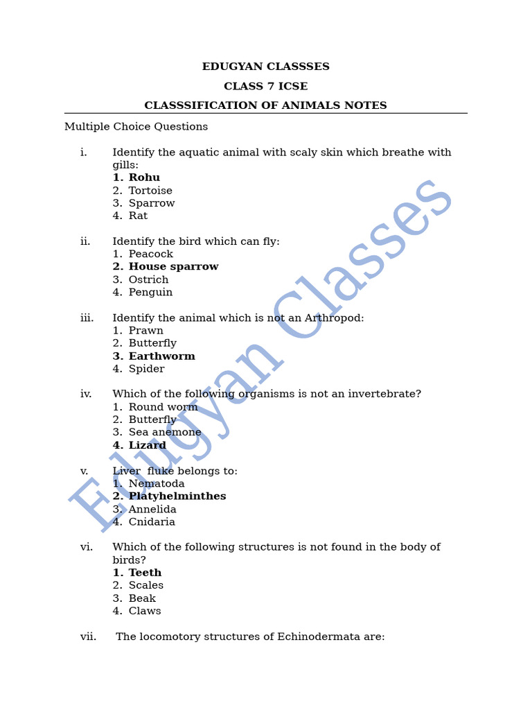 Class 7 ICSE Animal Classification Notes | PDF | Invertebrate | Organisms