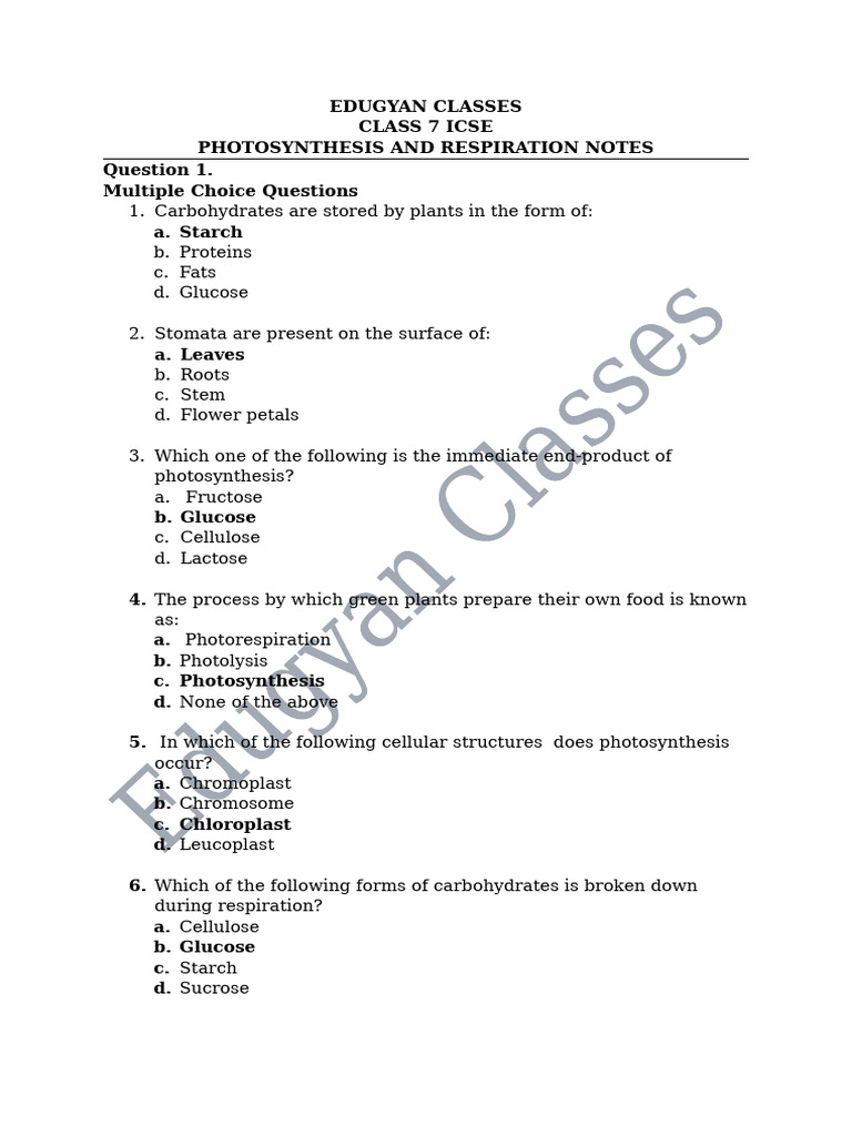 Photosynthesis and Respiration Notes Class 7 Icse | PDF ...
