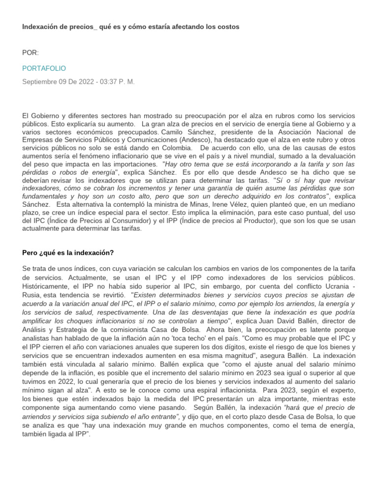 Indexaci N de Precios - Qu Es y C Mo Estar A Afectando Los Costos | PDF | Inflación | Salario mínimo