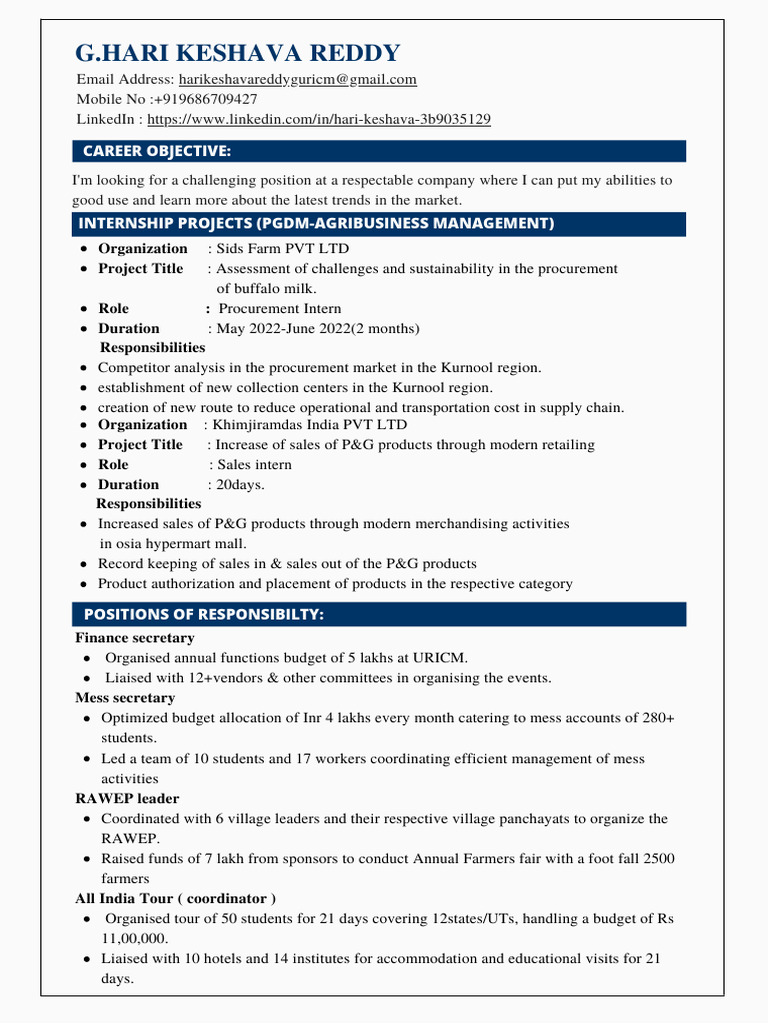 G.Harikeshava Reddy Resume | PDF | Business