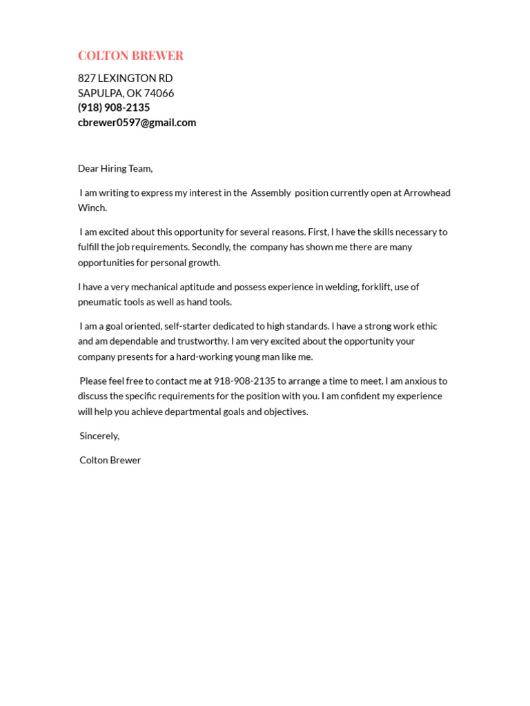 Colton Brewer's Assembly Position Application | PDF