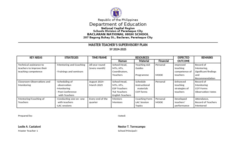 Master Teacher Supervisory Plan - 2024-2025 | PDF | Mentorship ...