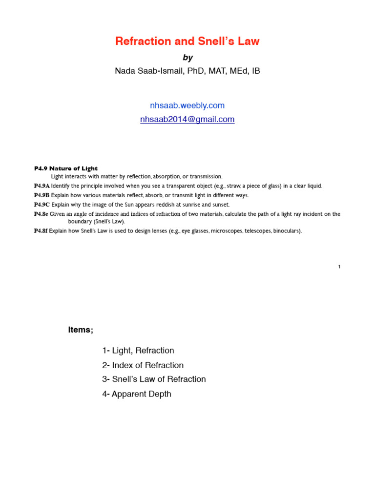10.e Refraction Snells Law | PDF | Refraction | Refractive Index