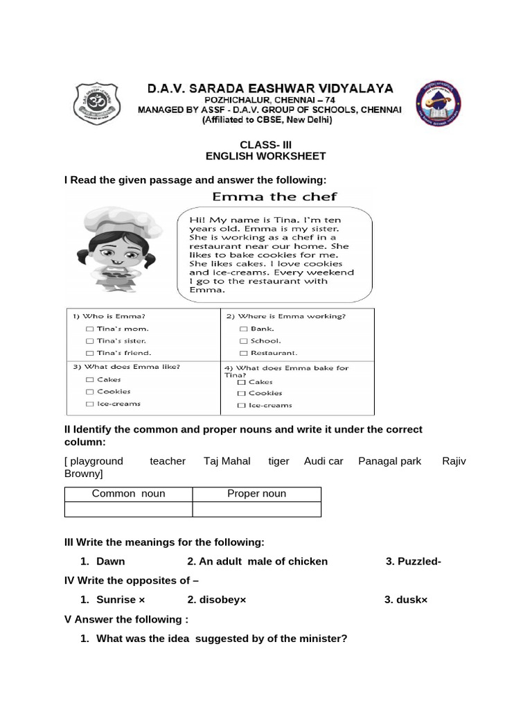 Class III - English Worksheet-1 | PDF