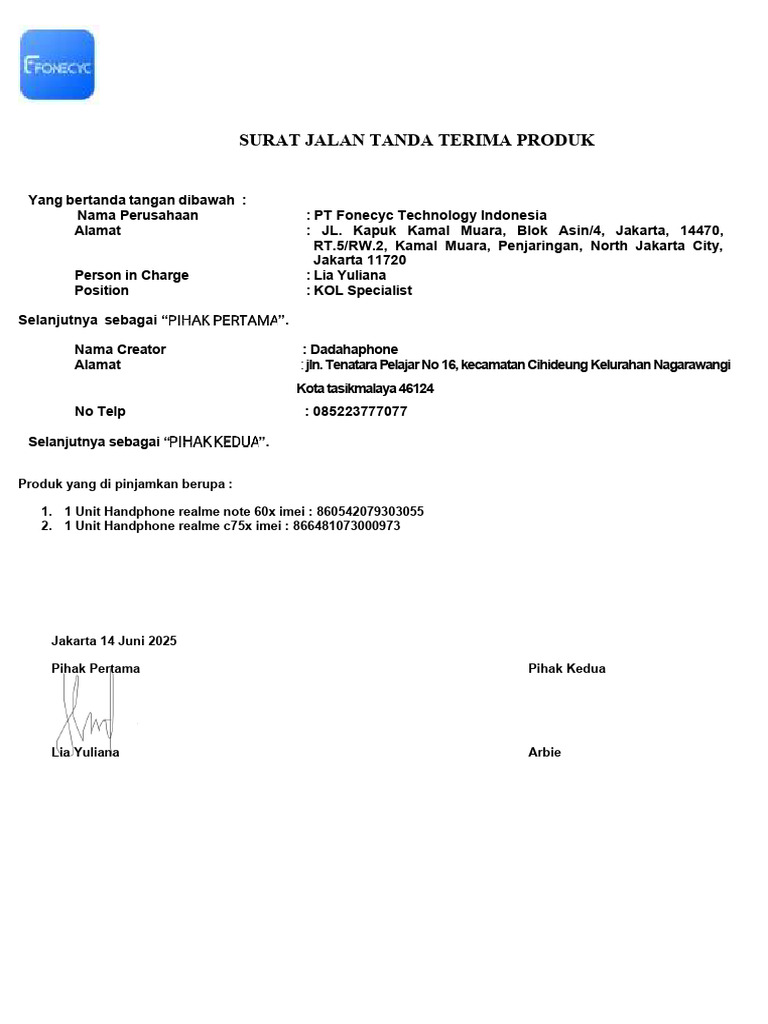 Surat Jalan Tanda Terima Produk Handphone | PDF