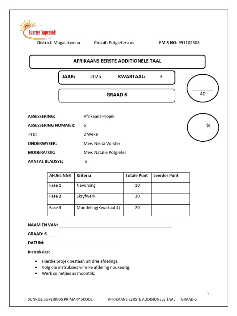 Afrikaans Projek KW3 2025 GR6 2 | PDF