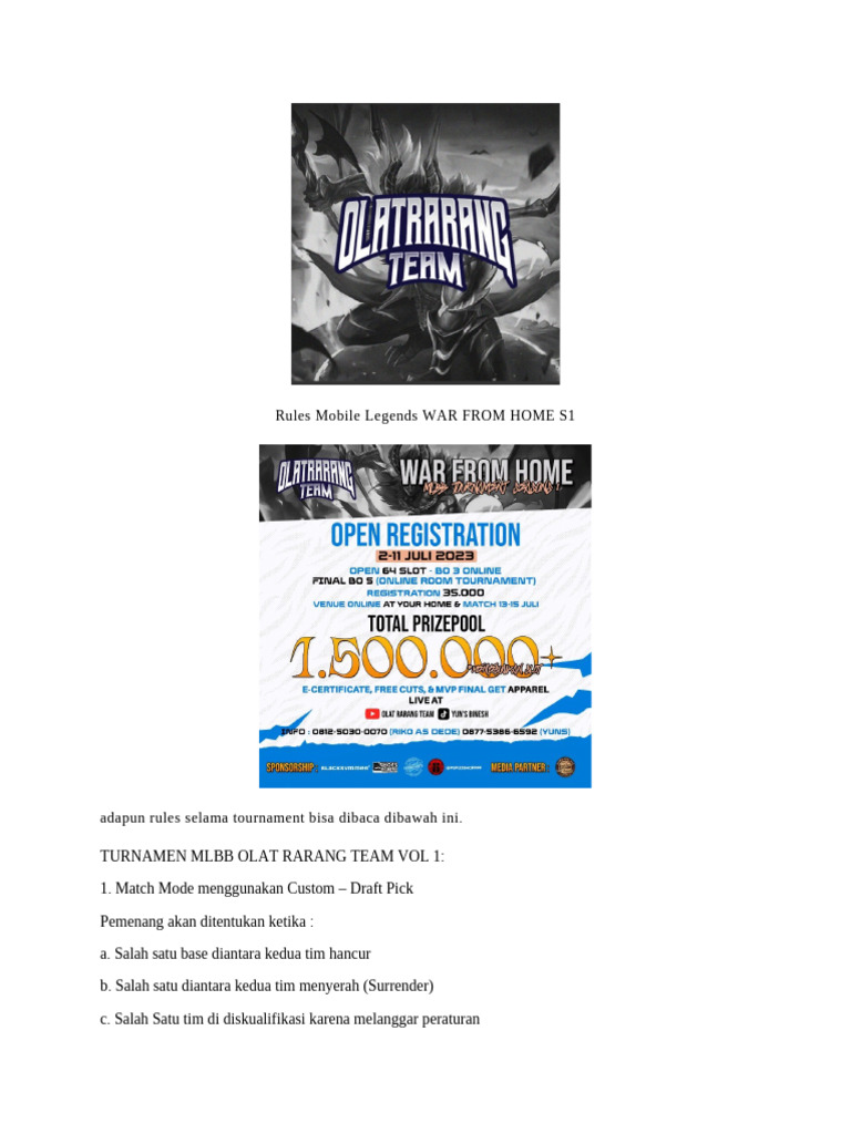 Rules Turnamen MLBB War From Home S1 | PDF