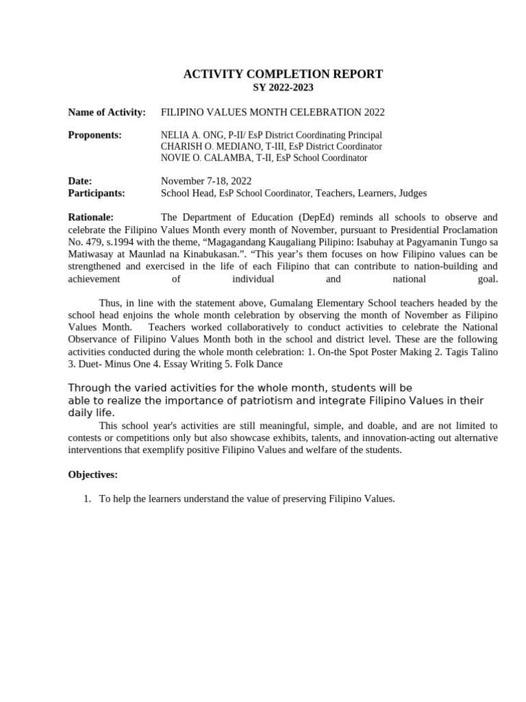 Filipino Values Month Celebration 2022 Report | PDF