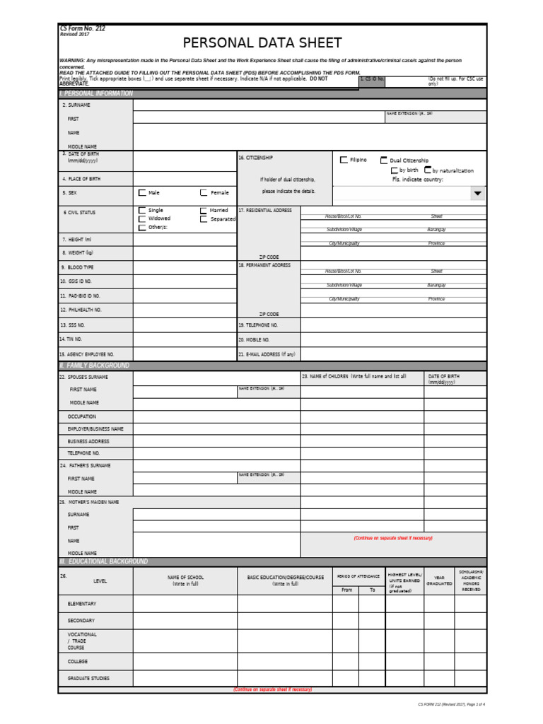 CS Form No. 212 Personal Data Sheet Revised | PDF | Government | Justice
