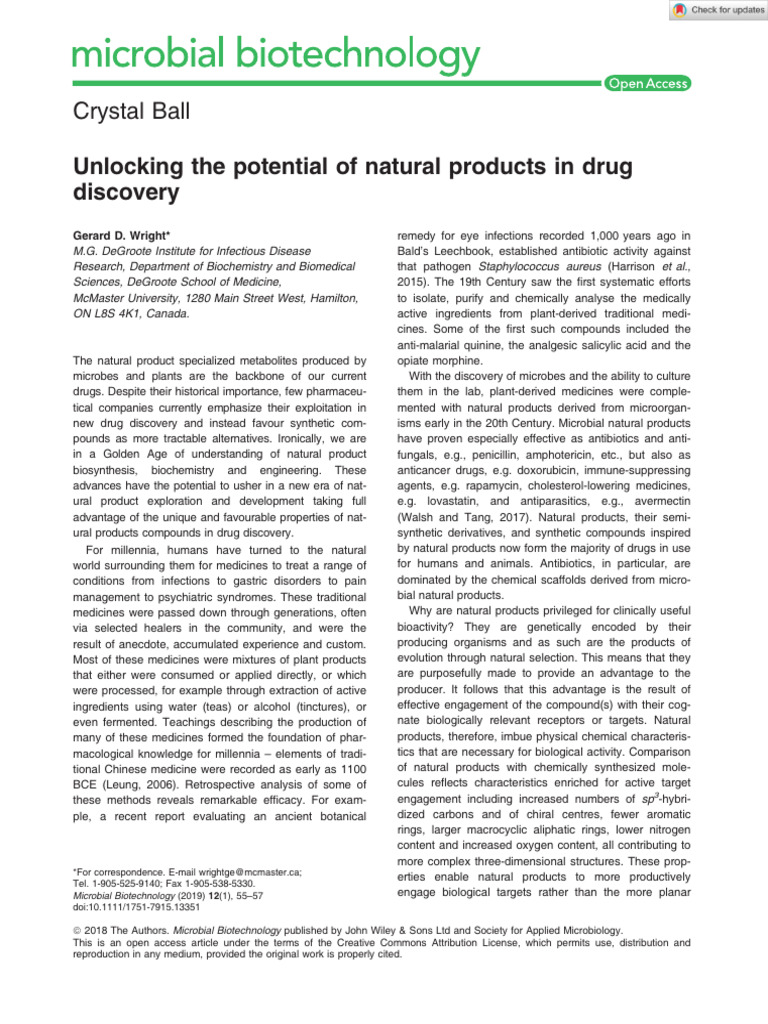 Microbial Biotechnology - 2018 - Wright - Unlocking The Potential of Natural Products in Drug ...