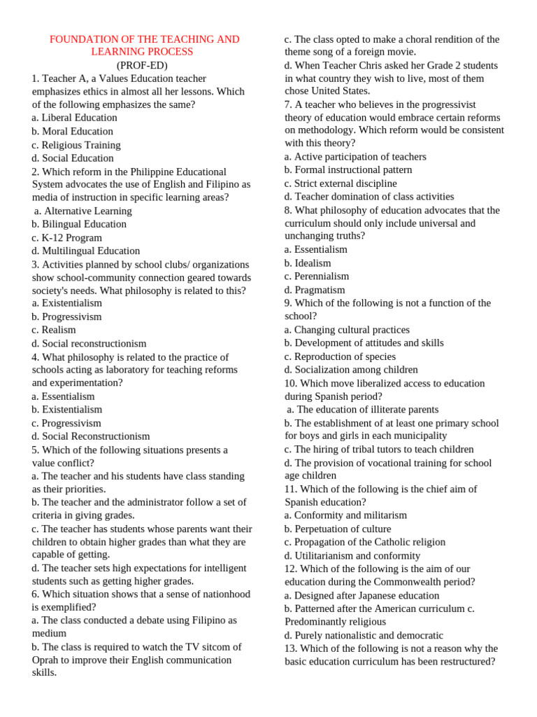PROF ED (Foundation of The Teaching Learning Process) | PDF | Teachers | Philosophy Of Education