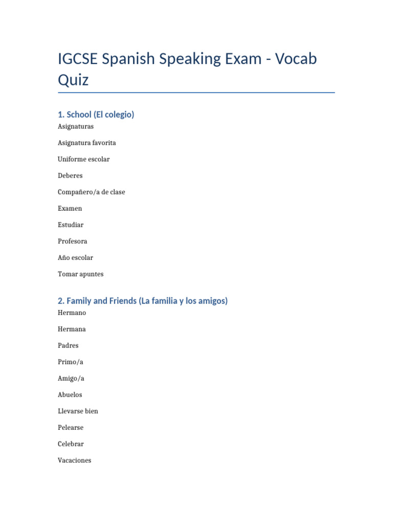 IGCSE Spanish Vocab Quiz | PDF