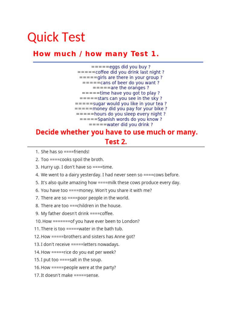 Much vs. Many: Quick Test Guide | PDF