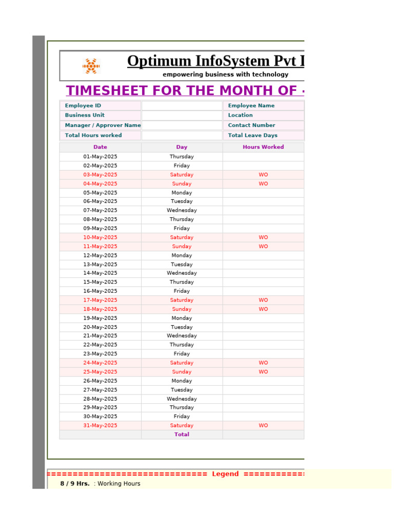 Optimum India Timesheet May 2025.v.3 | PDF