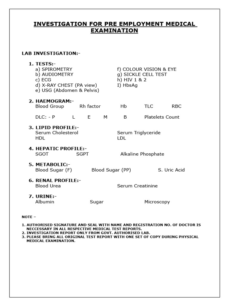 Investigation For Pre Employment Medical Examination | PDF